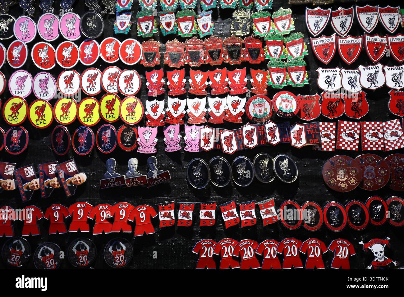 Liverpool, England, 12th January 2026. A view of pin badges for sale ...