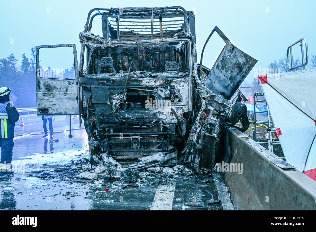 12 January 2026, Bavaria, Nuremberg: View of a truck on the A6 freeway ...