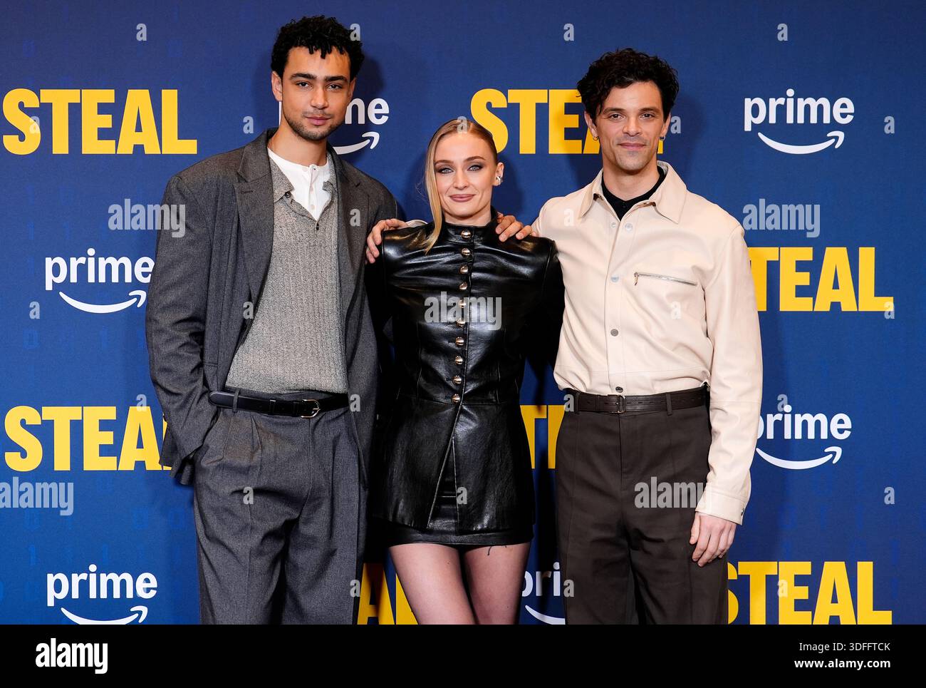 Sophie Turner, Jacob Fortune-Lloyd and Archie Madekwe (left) attend the ...