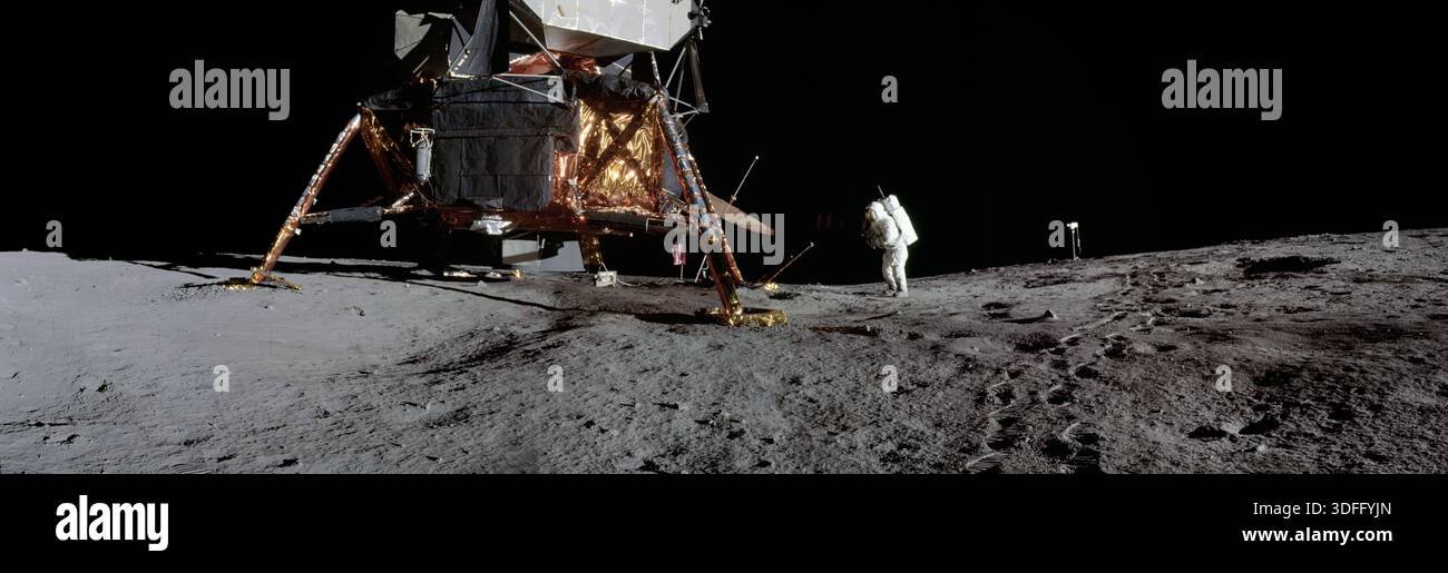Panorama view of Apollo 12 lunar surface photos with lunar module pilot ...