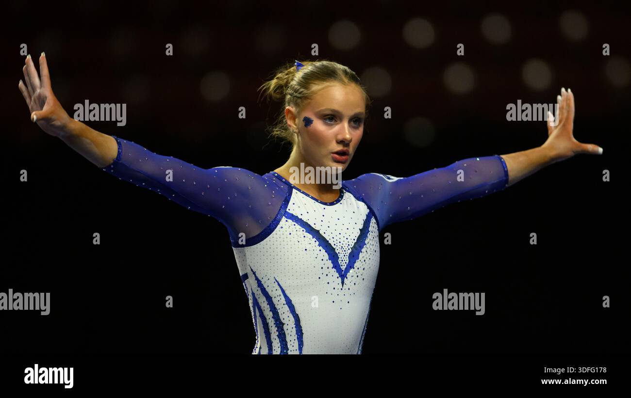 Kentucky gymnast Chesney Bennett performs a routine on the beam during ...