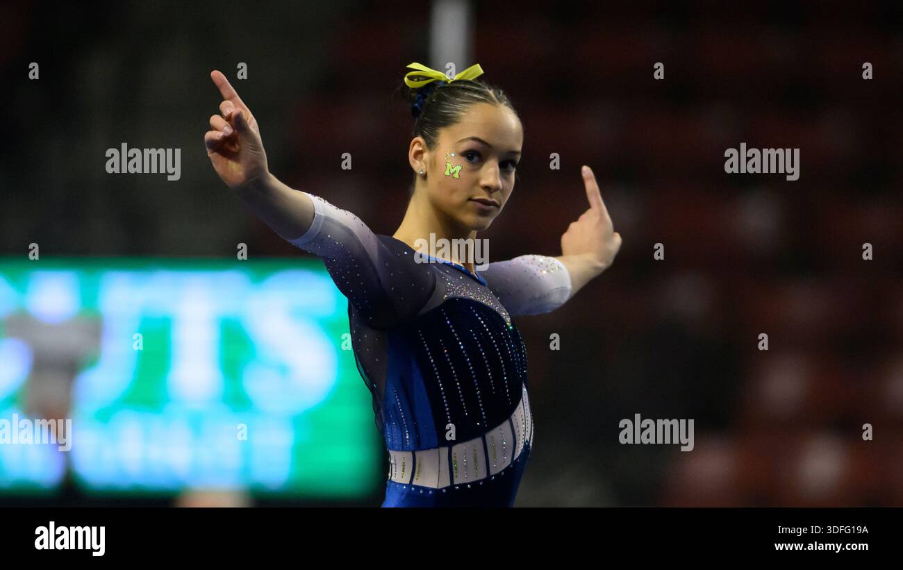 Michigan gymnast Sophia Diaz performs a routine on the floor during an ...