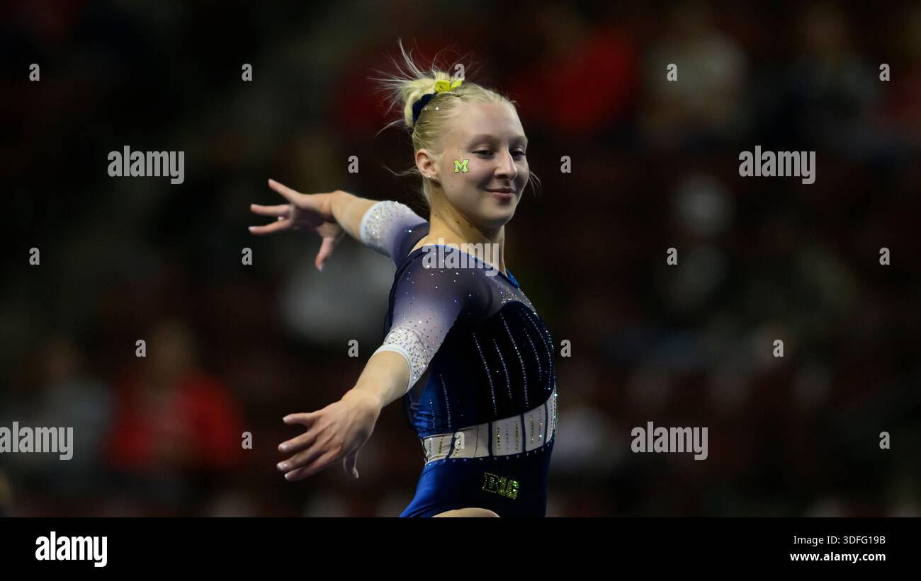 Michigan gymnast Carly Bauman performs a routine on the floor during an ...