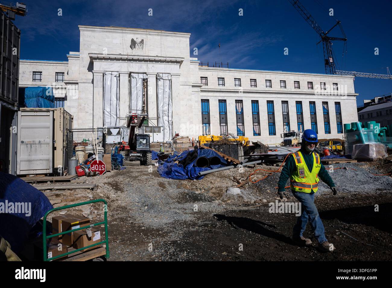 Renovation work is seen underway at the Federal Reserve building in ...
