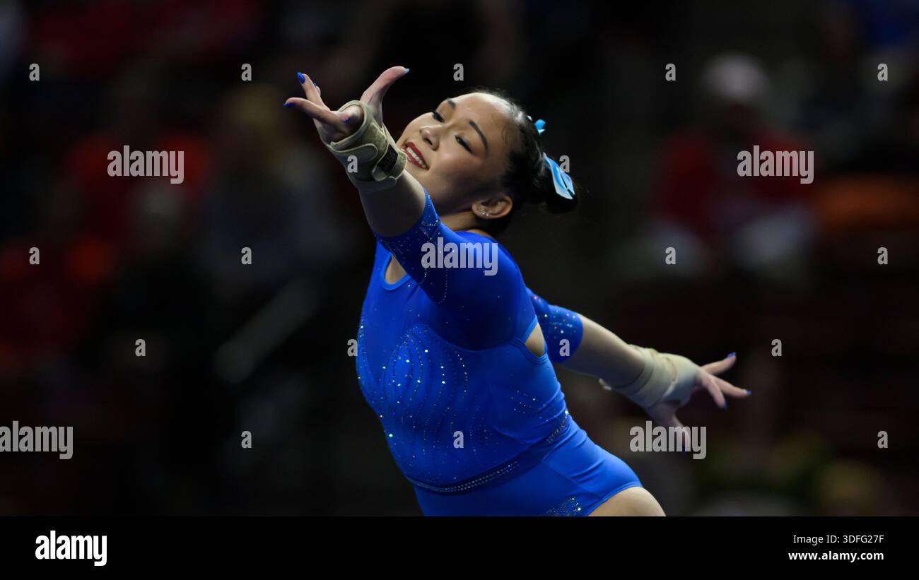UCLA gymnast Ciena Alipio performs a routine on the floor during an ...