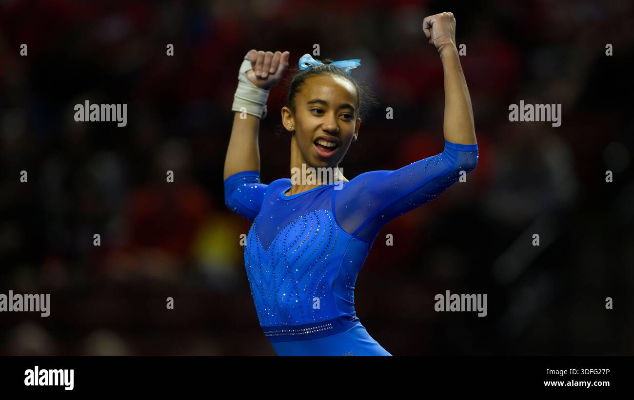 UCLA gymnast Mika Webster-Longin performs a routine on the floor during ...