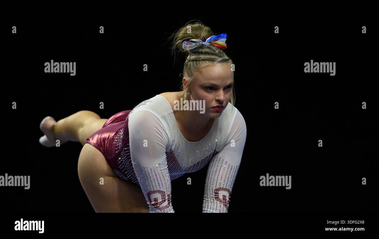 Oklahoma gymnast Hannah Scheible performs a routine on the beam during ...