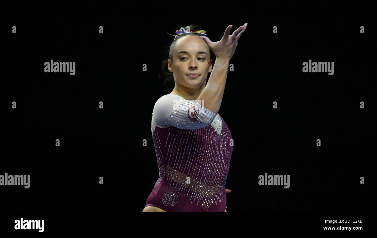 Oklahoma gymnast Faith Torrez performs a routine on the beam during an ...