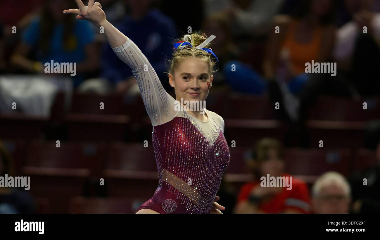 Oklahoma gymnast Lily Pederson performs a routine on the floor during ...