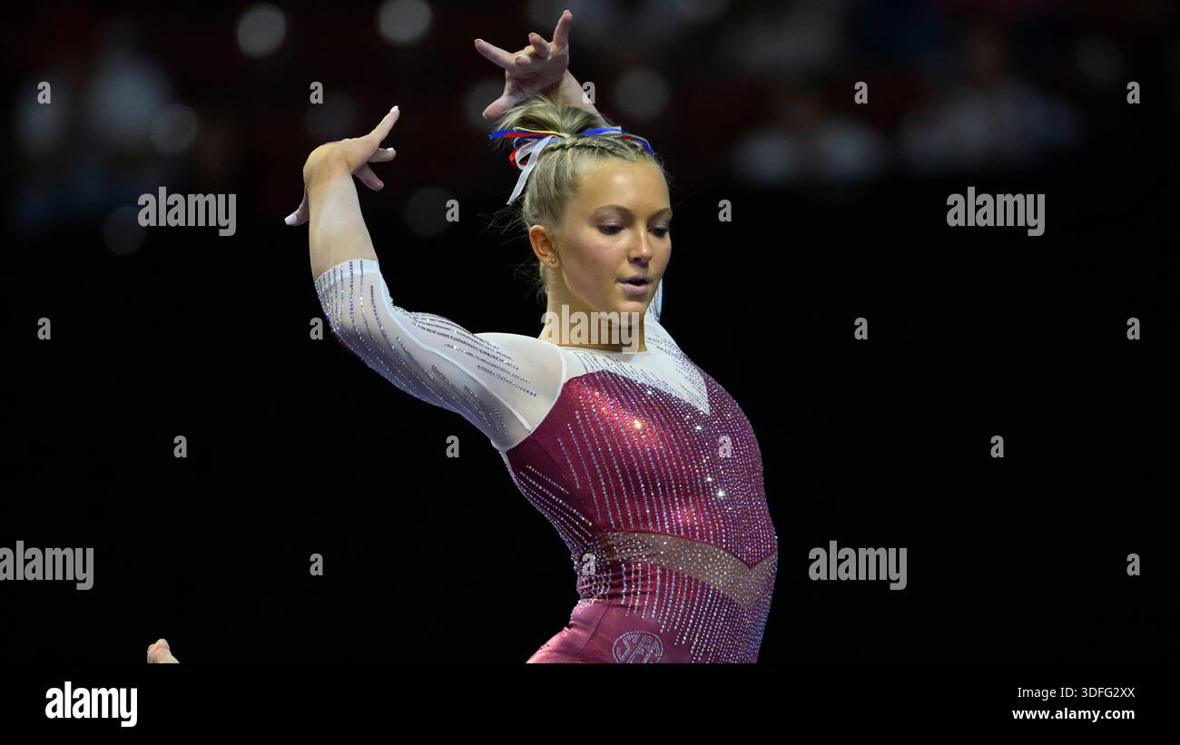 Oklahoma gymnast Ella Murphy performs a routine on the beam during an ...