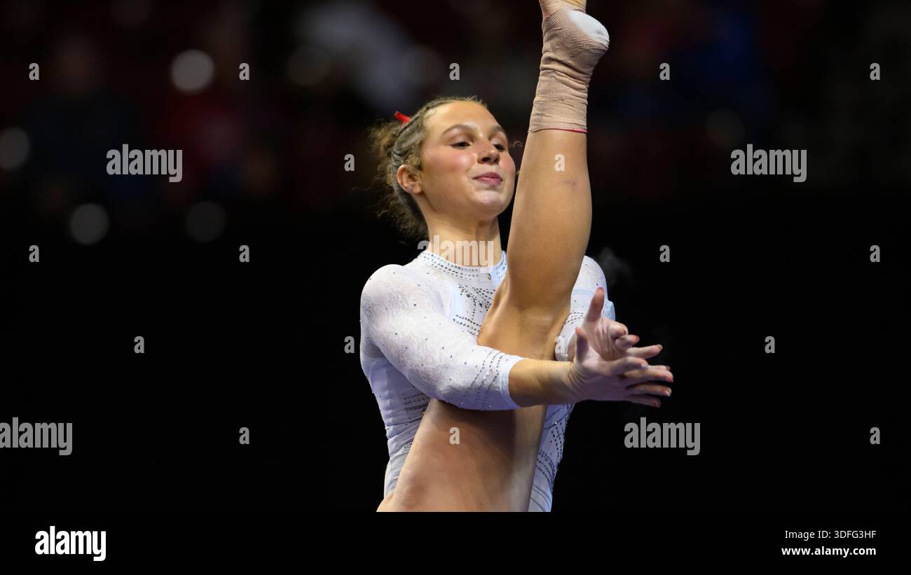 Utah gymnast Bailey Stroud performs a routine on the beam during an ...