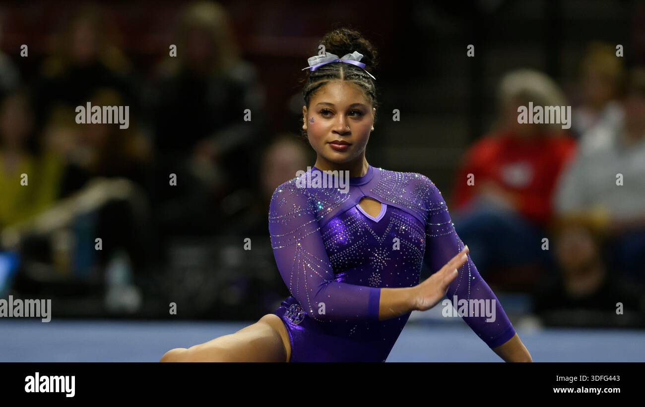 LSU gymnast Nina Ballou performs a routine on the floor during an NCAA ...
