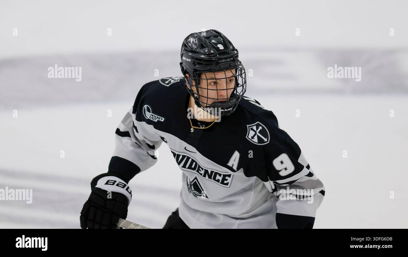 Providence forward Hudson Malinoski (9) skates during the first period ...