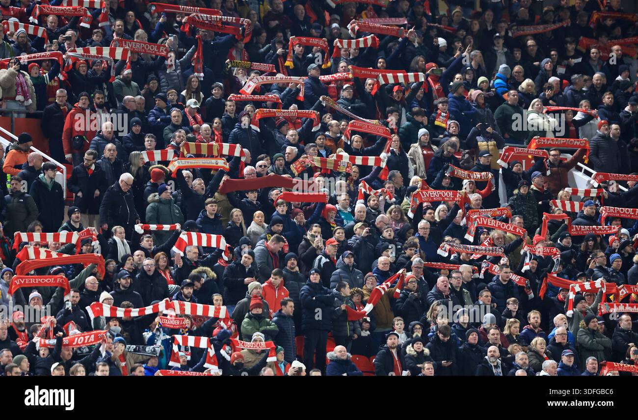 Liverpool, England, 12th January 2026. Liverpool fans wave scarves ...