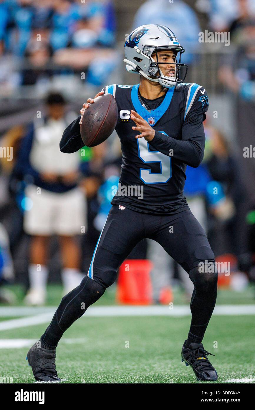 Carolina Panthers quarterback Bryce Young (9) looks to pass during an ...