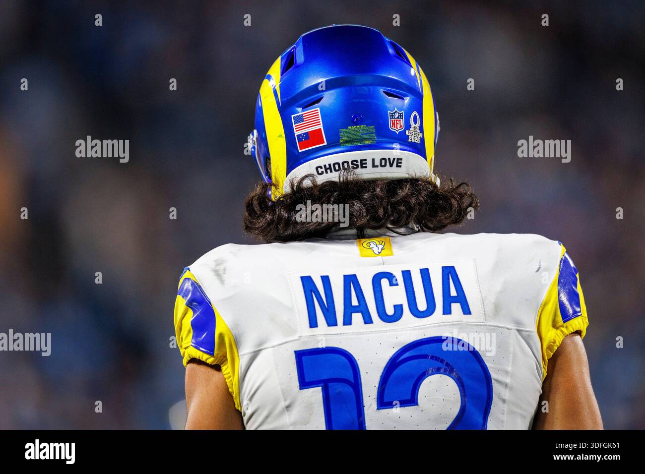 Los Angeles Rams wide receiver Puka Nacua (12) wears a 2026 Pro Bowl ...
