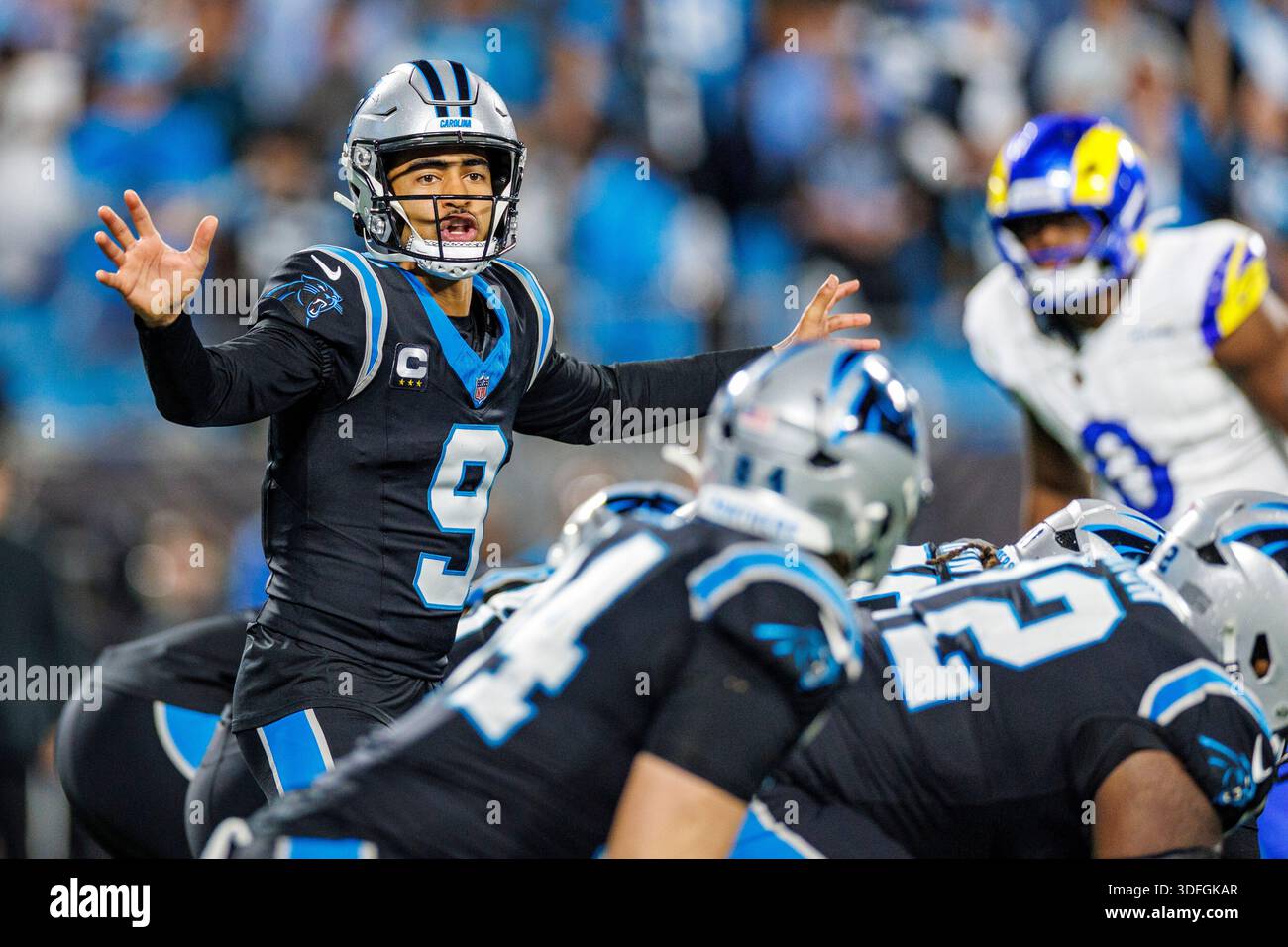 Carolina Panthers quarterback Bryce Young (9) calls a play during an ...