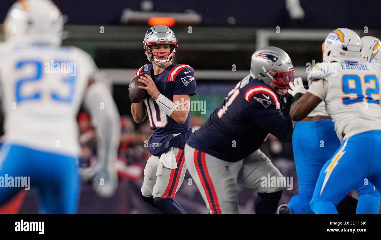 New England Patriots quarterback Drake Maye (10) during an NFL wild ...