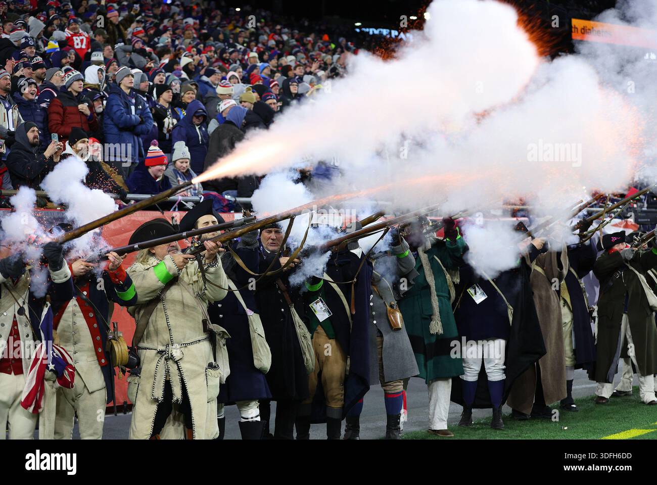 Foxborough, MA, USA. 11th Jan, 2026. MA, USA; The Endzone Militia fire ...