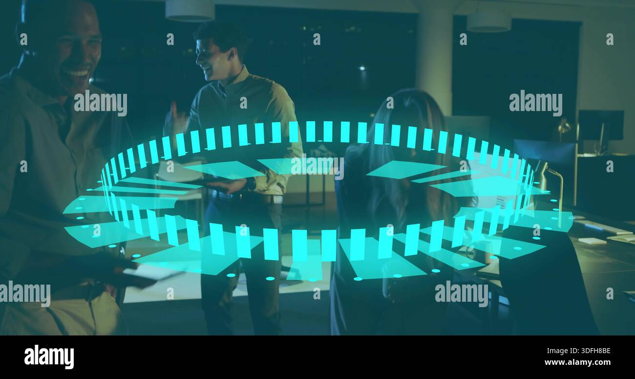 Projecting cyan circular interface above meeting table in dim office ...