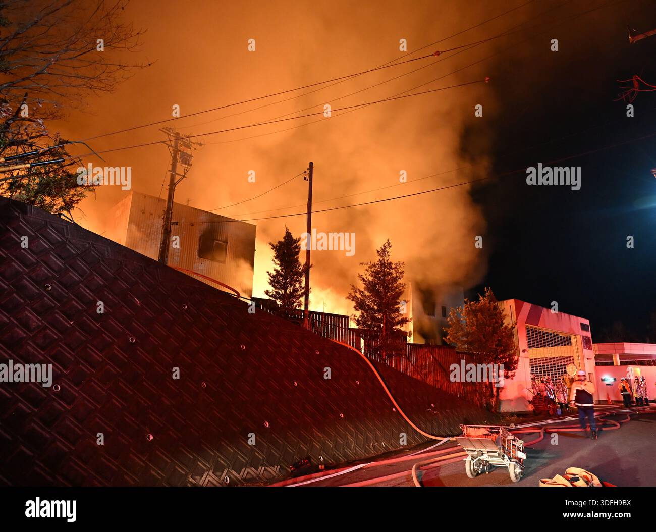 A photo shows a fire breaking out at a recycling plant in Okazaki City ...