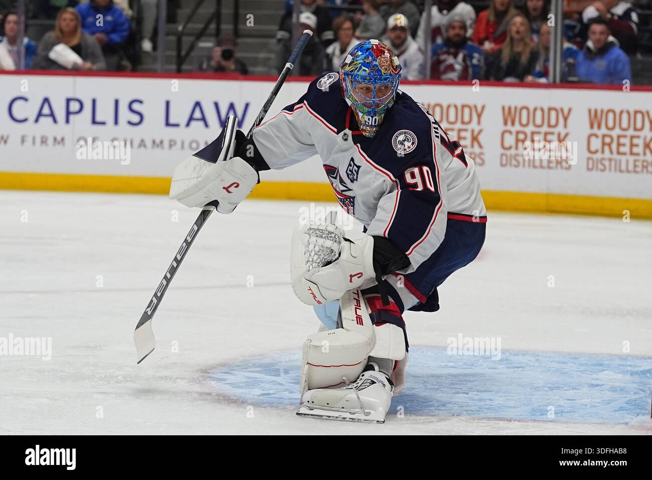Columbus Blue Jackets goaltender Elvis Merzlikins (90) in the first ...