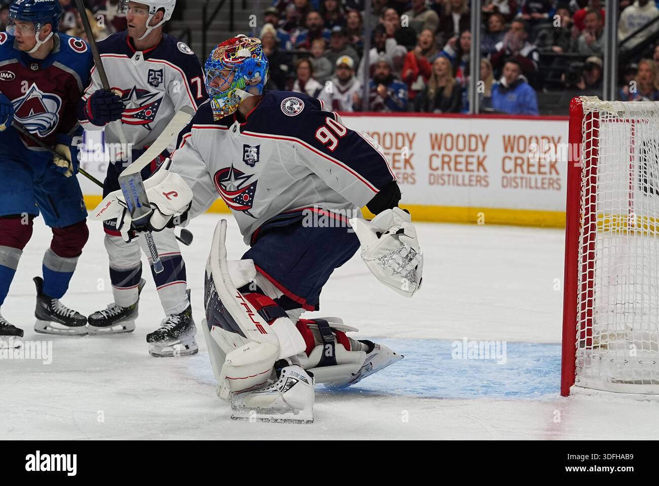 Columbus Blue Jackets goaltender Elvis Merzlikins (90) in the first ...