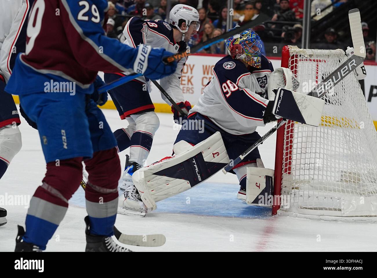 Columbus Blue Jackets goaltender Elvis Merzlikins (90) in the first ...