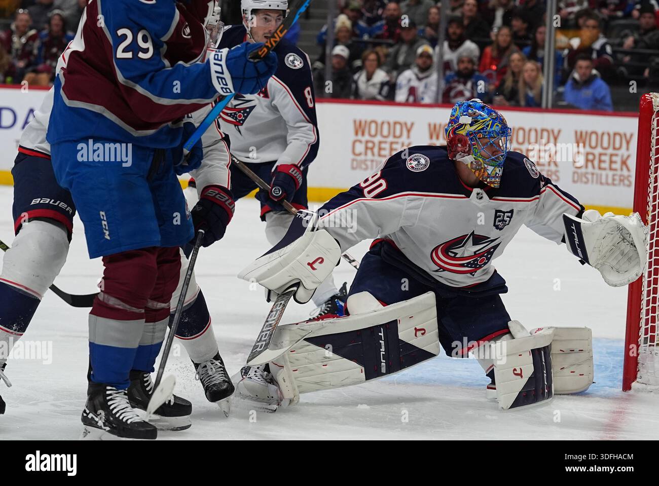 Columbus Blue Jackets goaltender Elvis Merzlikins (90) in the first ...