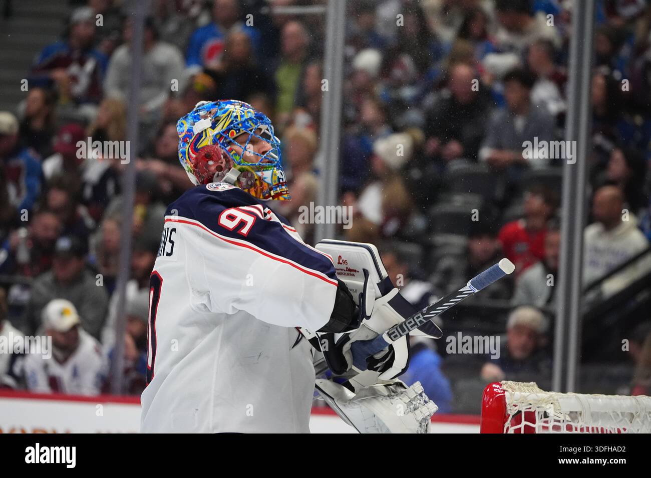 Columbus Blue Jackets goaltender Elvis Merzlikins (90) in the first ...
