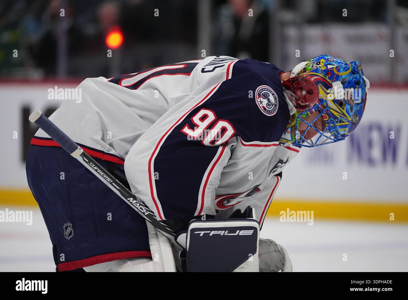 Columbus Blue Jackets goaltender Elvis Merzlikins (90) in the first ...