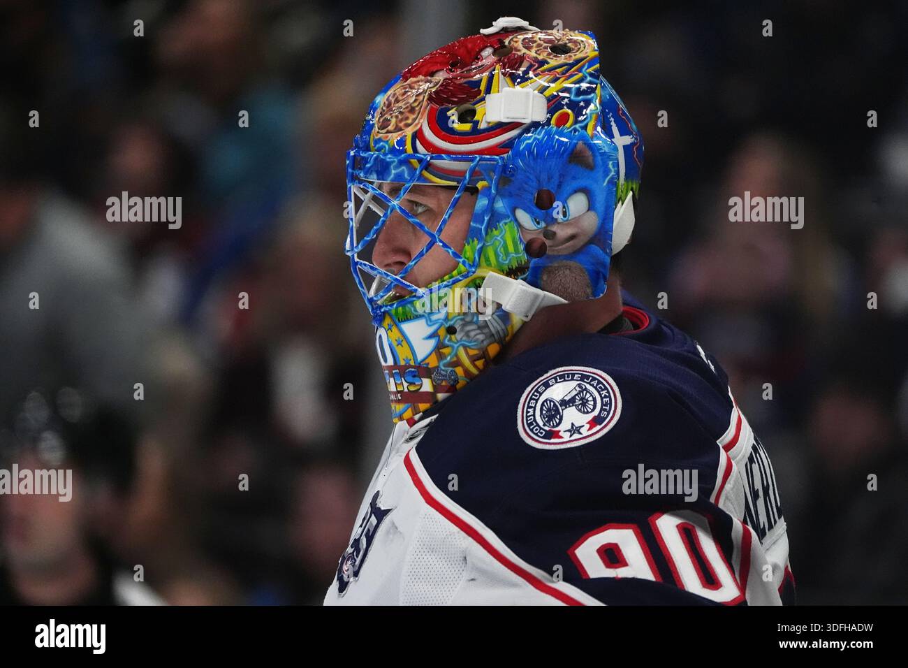 Columbus Blue Jackets goaltender Elvis Merzlikins (90) in the first ...