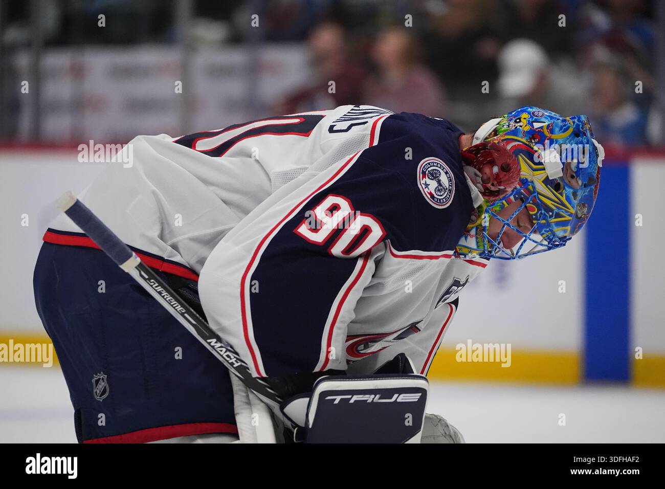 Columbus Blue Jackets goaltender Elvis Merzlikins (90)in the first ...