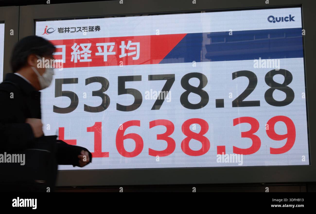 A photo shows an electric billboard displaying the Nikkei Stock Average ...