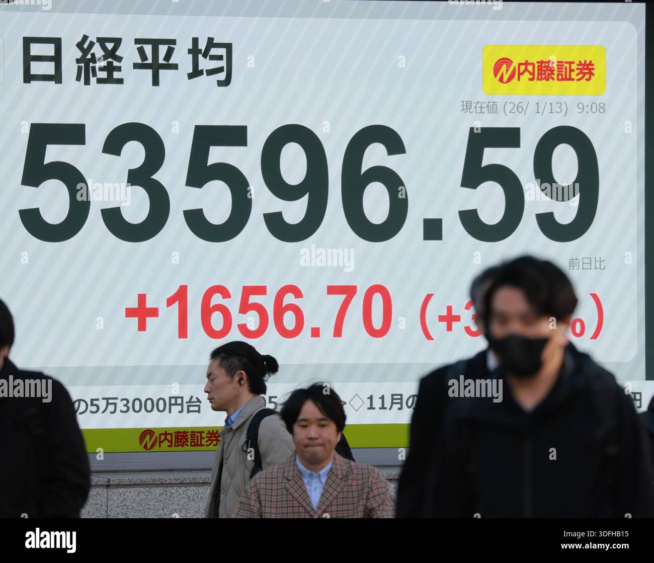A photo shows an electric billboard displaying the Nikkei Stock Average ...
