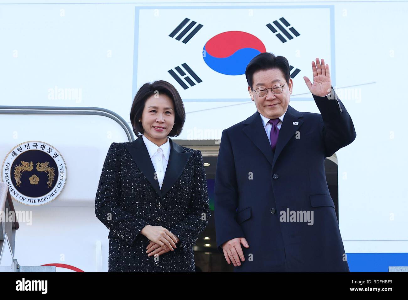 South Korean President Lee Jae Myung and his wife Kim Hea Kyung wave ...