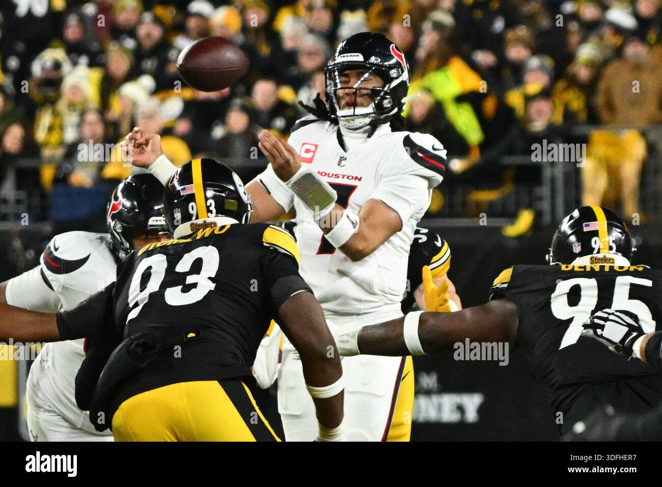 Houston Texans quarterback C.J. Stroud (7) fumbles the ball during the ...