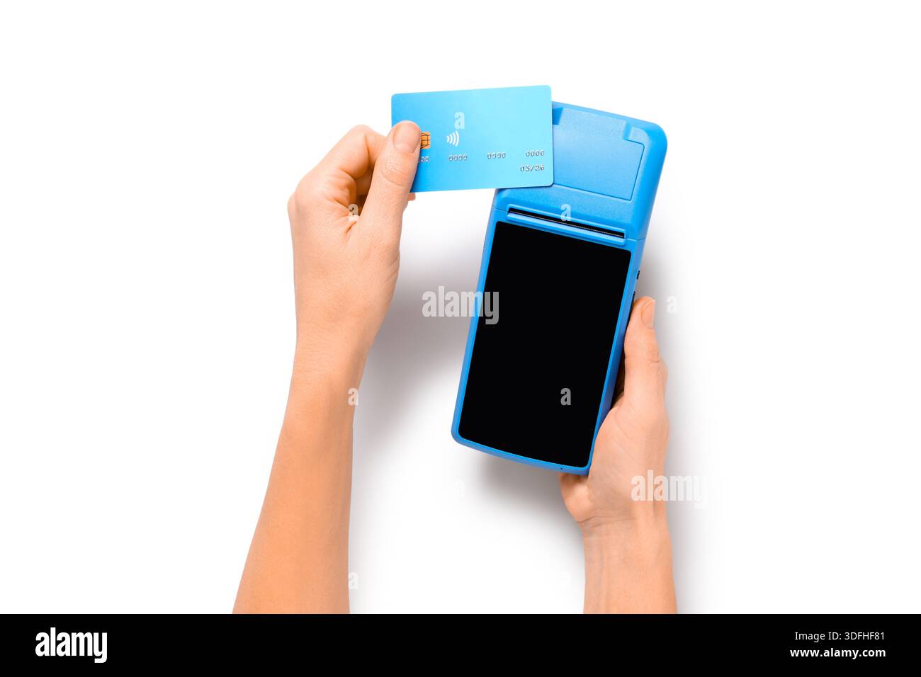 Female hands with credit card and payment terminal on white background ...