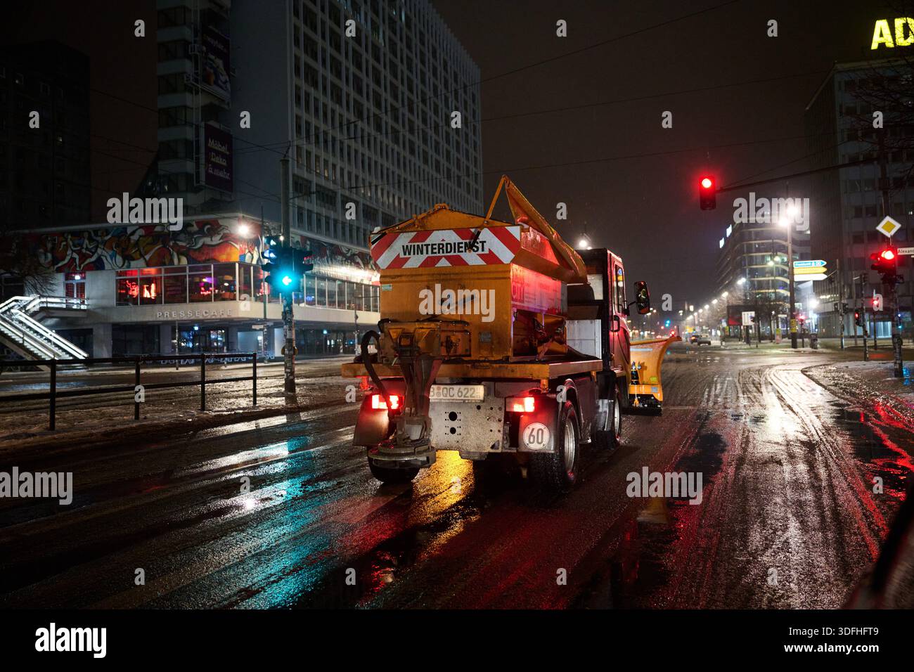 Berlin, Germany. 13th Jan, 2026. A BSR gritting vehicle grits at ...