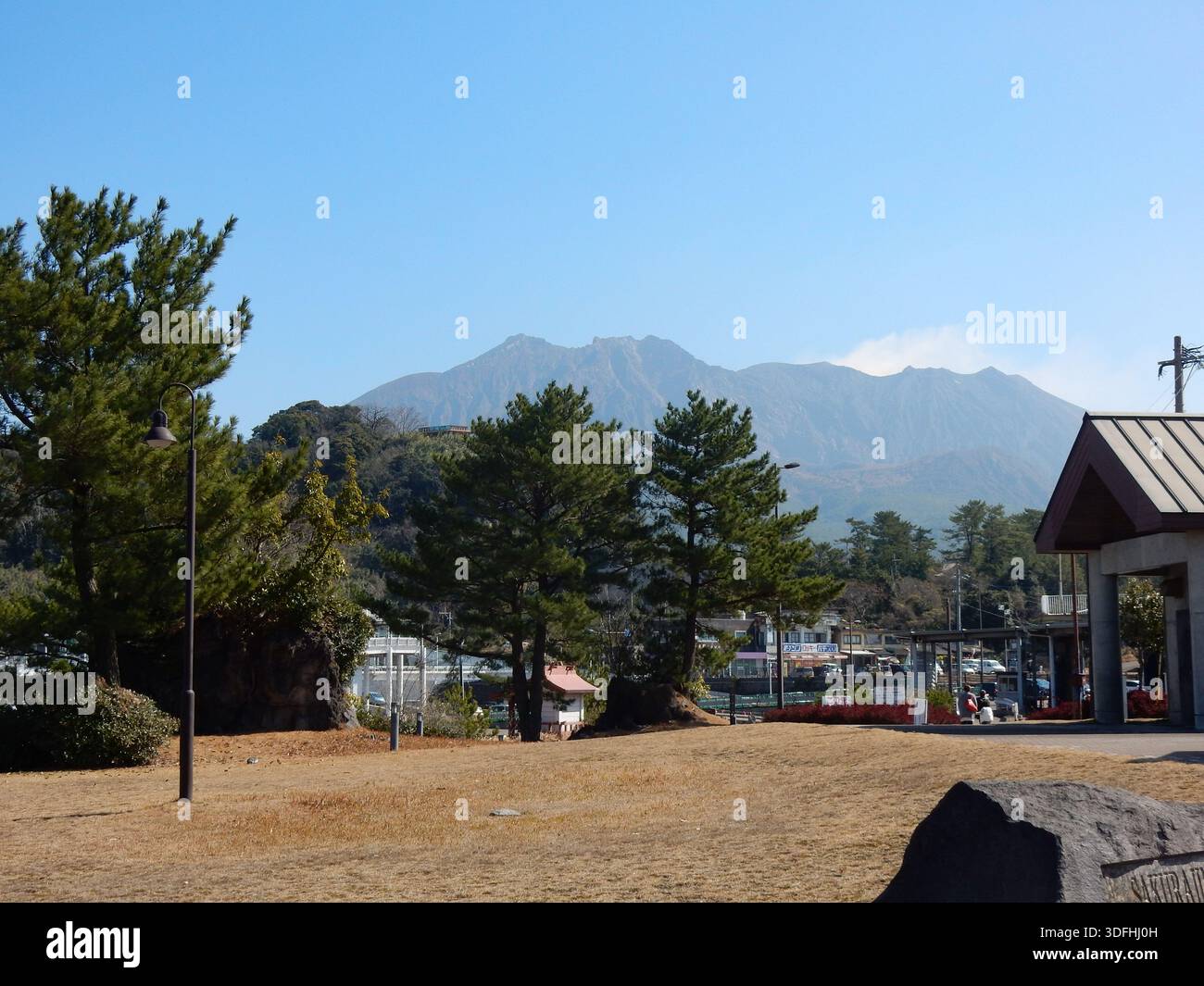 Scenic view of Sakurajima Volcano behind trees and grass in Japan Stock ...
