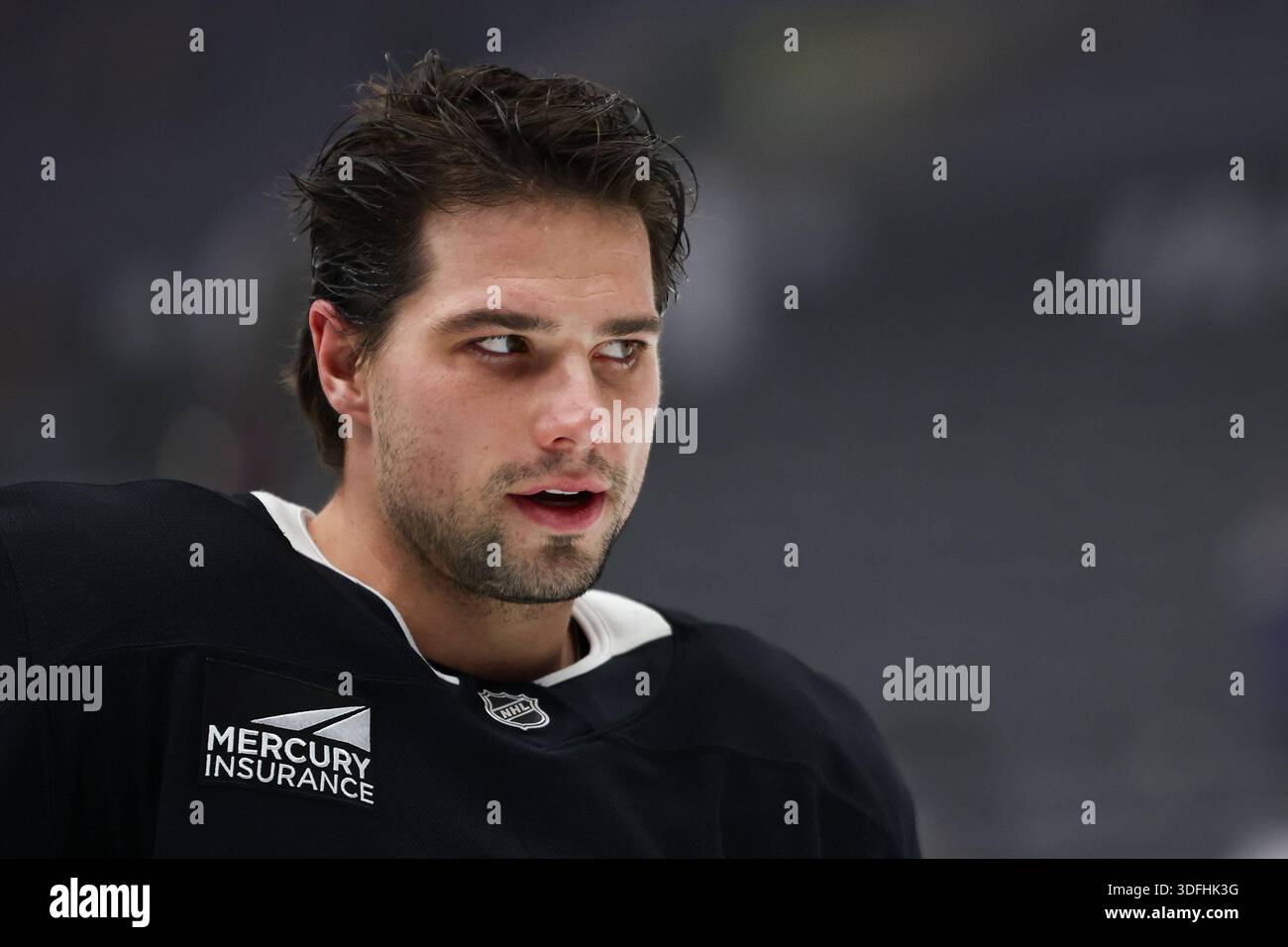 Los Angeles Kings left wing Kevin Fiala looks on before an NHL hockey ...