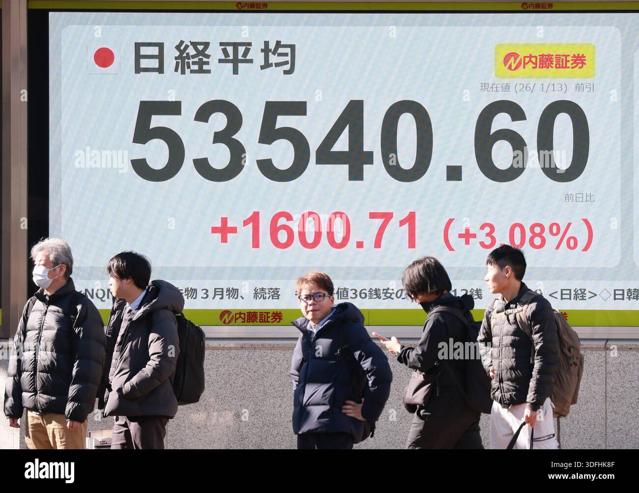 A photo shows an electric billboard displaying the Nikkei Stock Average ...