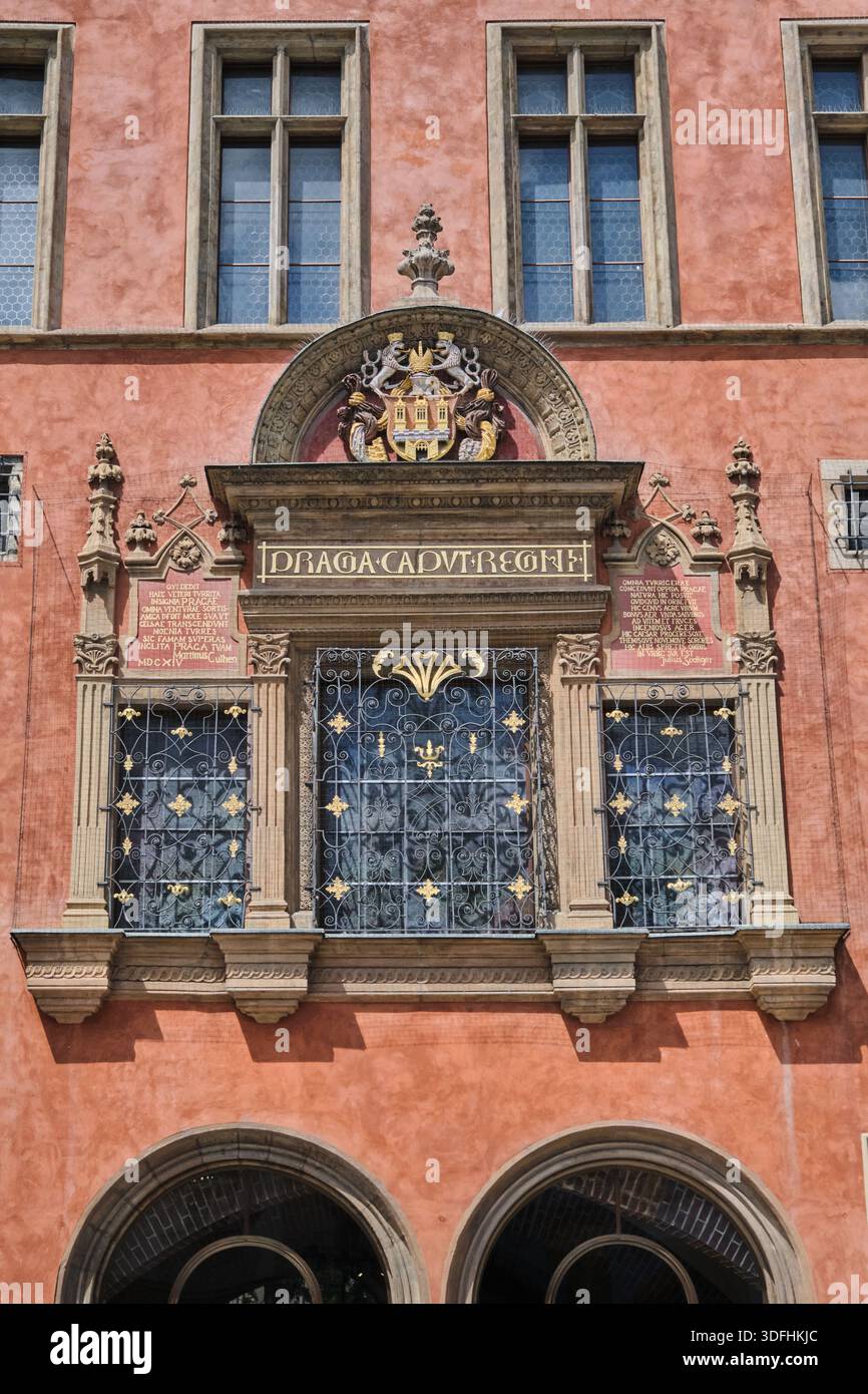 A detailed close-up of an ornate historic European building facade ...