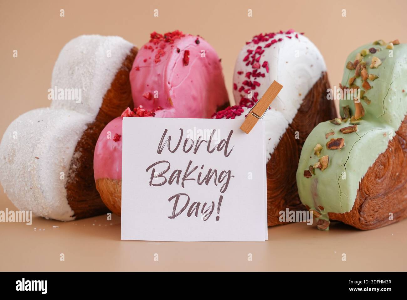 World baking day greeting card Delicious fresh croissant topped with ...