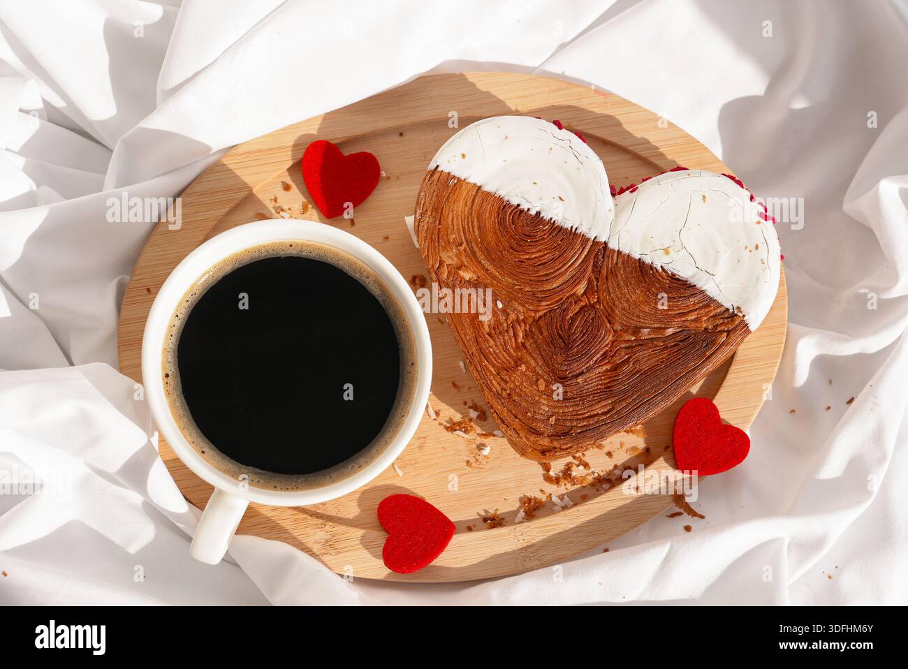 Morning breakfast coffee wooden tray bed rumpled bedding Valentine's ...