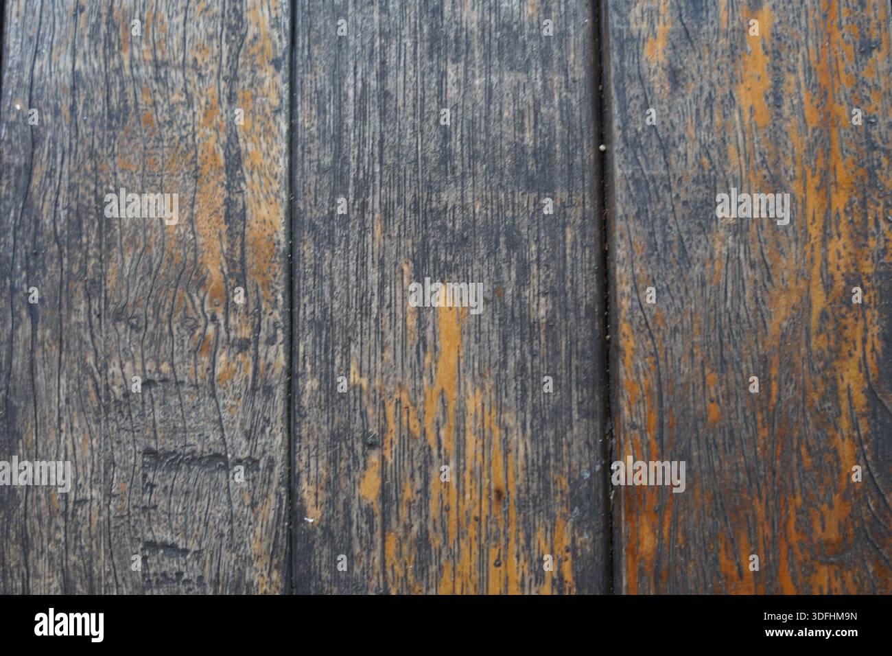 Close-up of aged vertical wood planks with exposed grain, wear marks ...