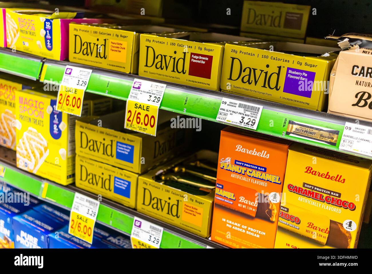 David protein bars on a grocery store shelf, David bars in boxes at a ...