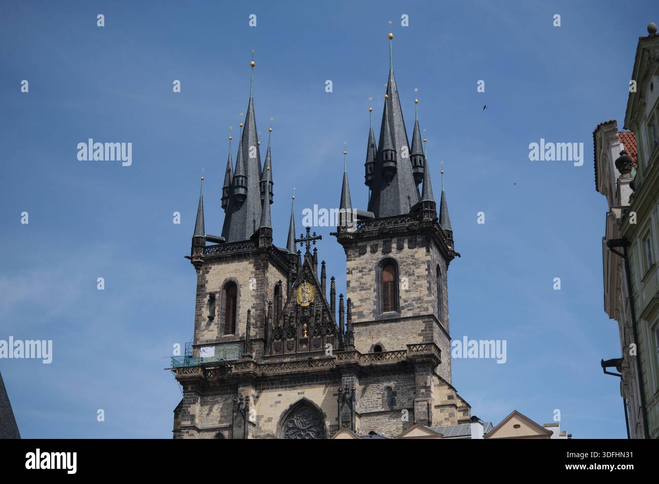 A striking low-angle view of the iconic Church of Our Lady before Týn ...