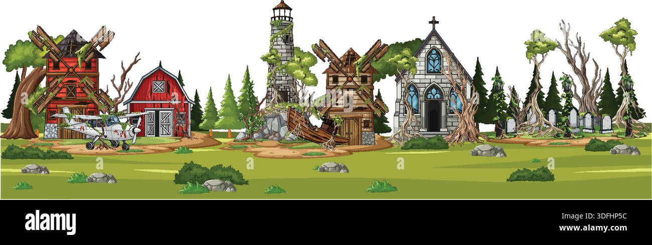 Cartoon vector landscape of deserted countryside village with ruined ...