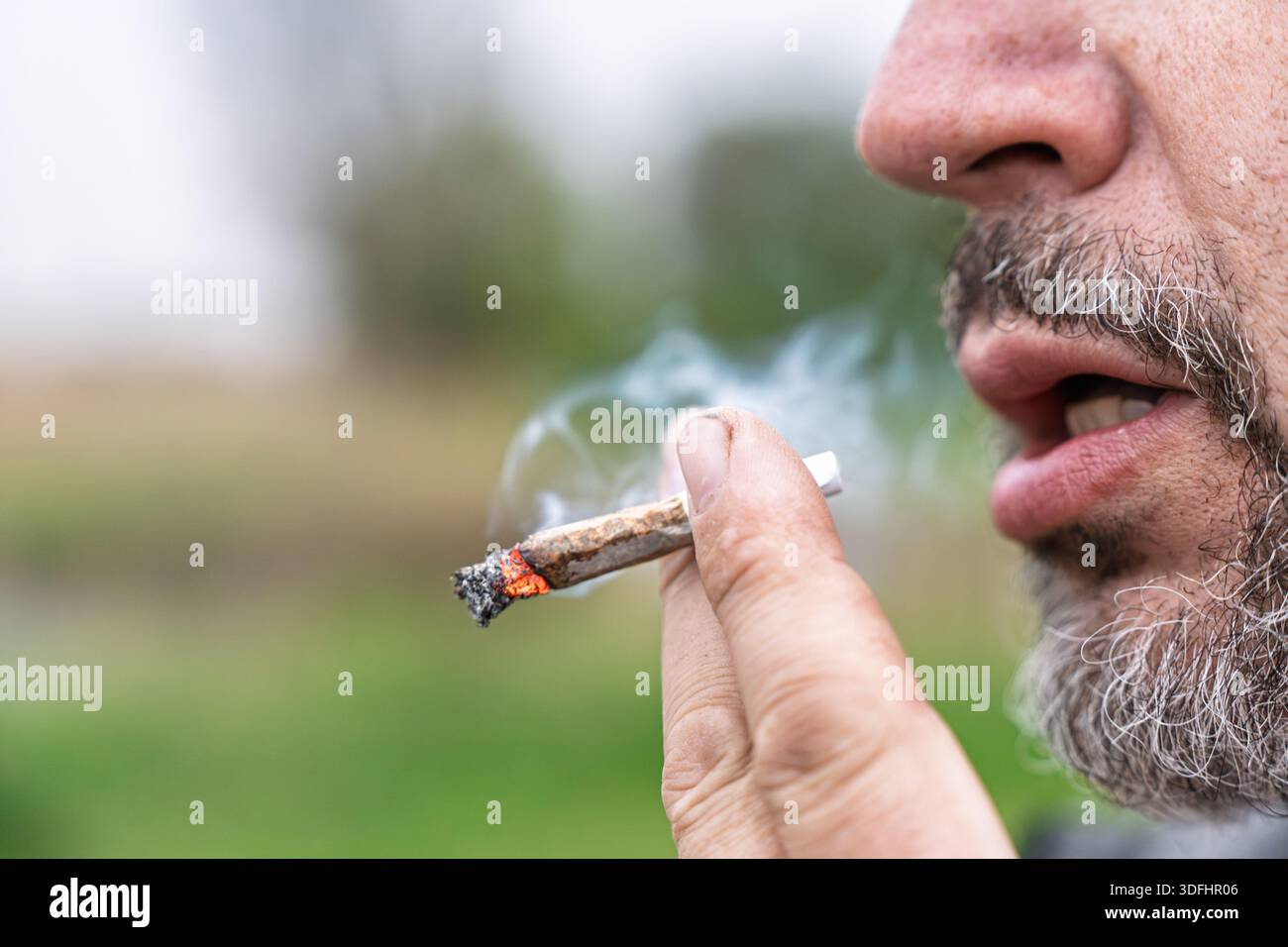 Close-Up of Mature Man Smoking a Joint Outdoors, with Smoke and Blurred ...
